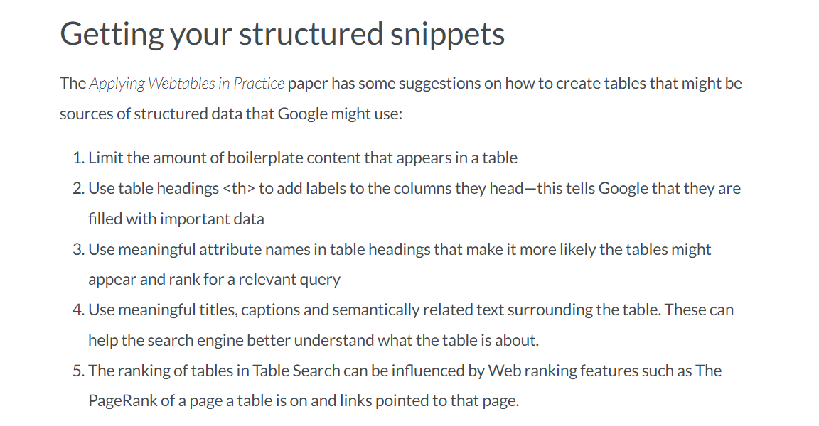 How Google Pulls Structured Snippets from Websites Tables